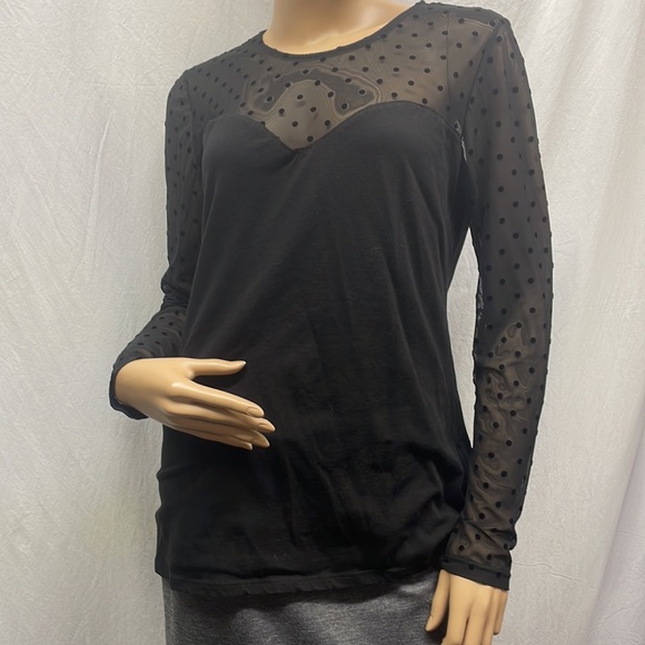 H&M | Tops | Hm Black Sweetheart Neckline With Netting Polka Dots Long Sleeve Tee Shirt | Poshmark